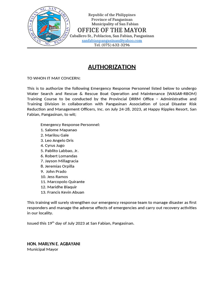 Authorization for WASAR-RBOM Training | PDF
