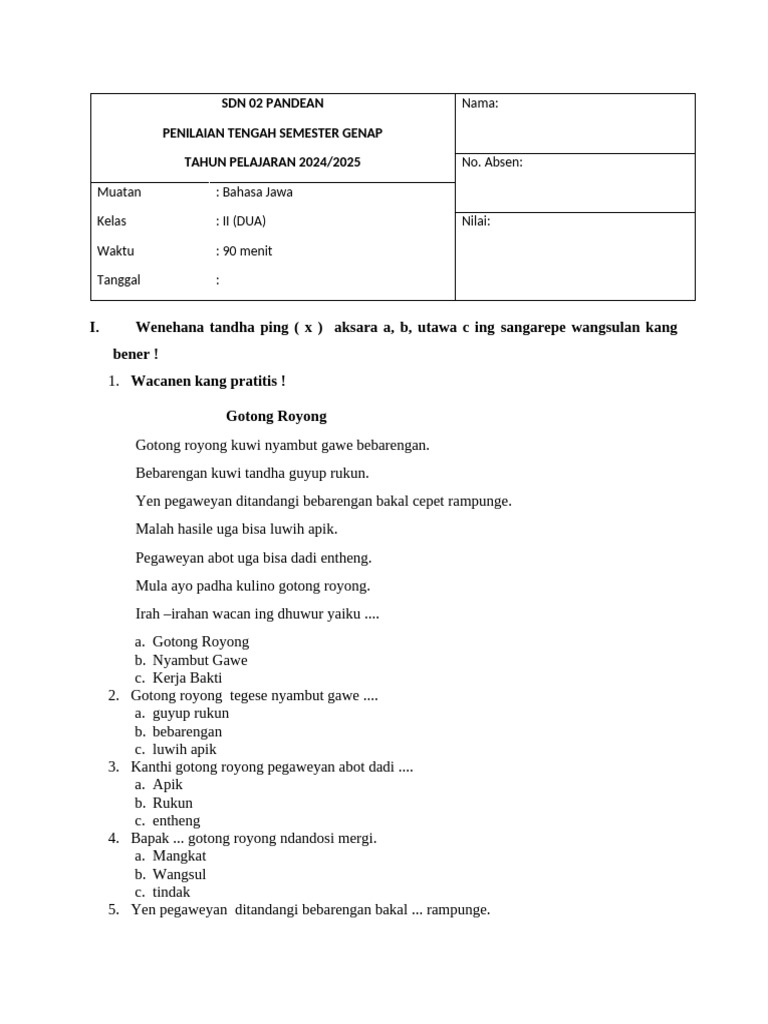 Soal PTS 2 Bahasa Jawa Kelas 2 K13 | PDF