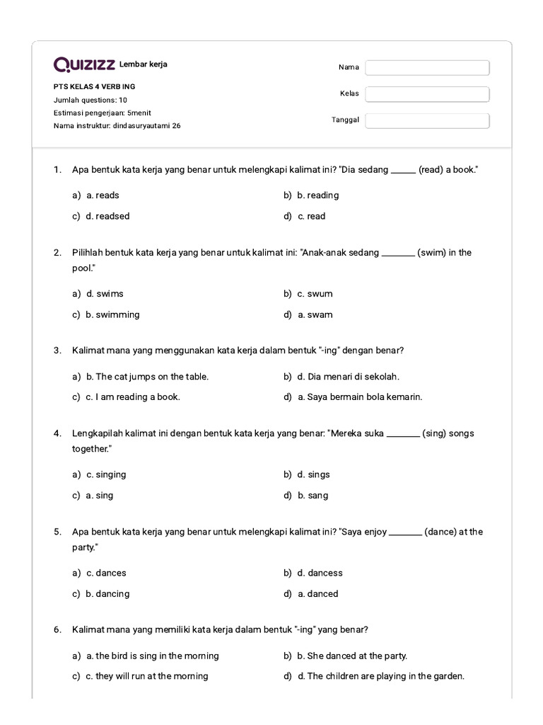 Pts Kelas 4 Verb Ing - Quizizz | PDF