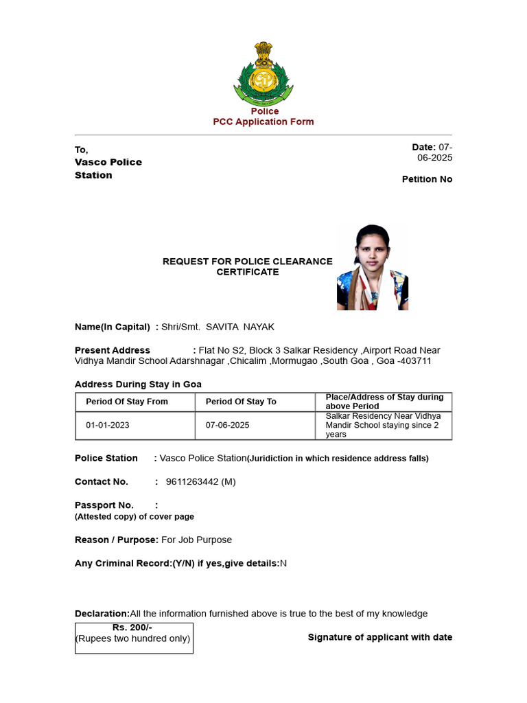 PCC Application Form SAVITA | PDF