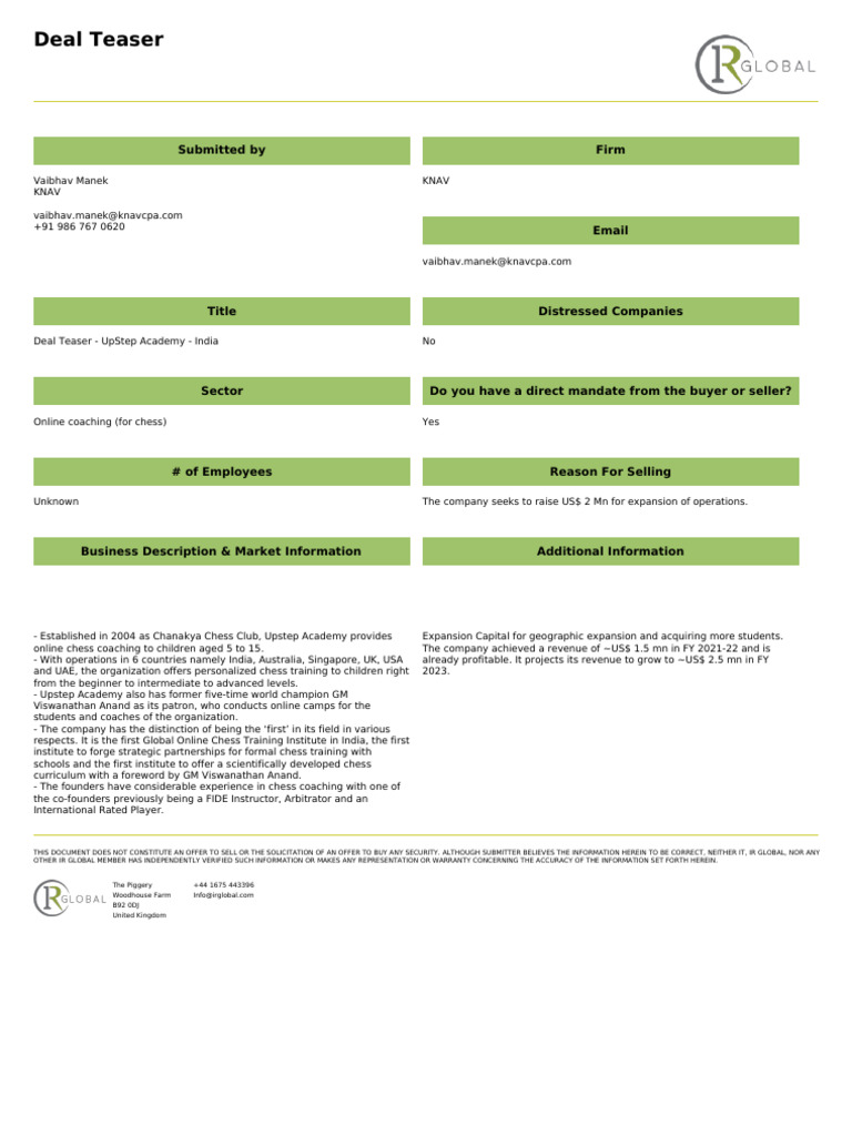 Deal Teaser - UpStep Academy - India | PDF | Chess