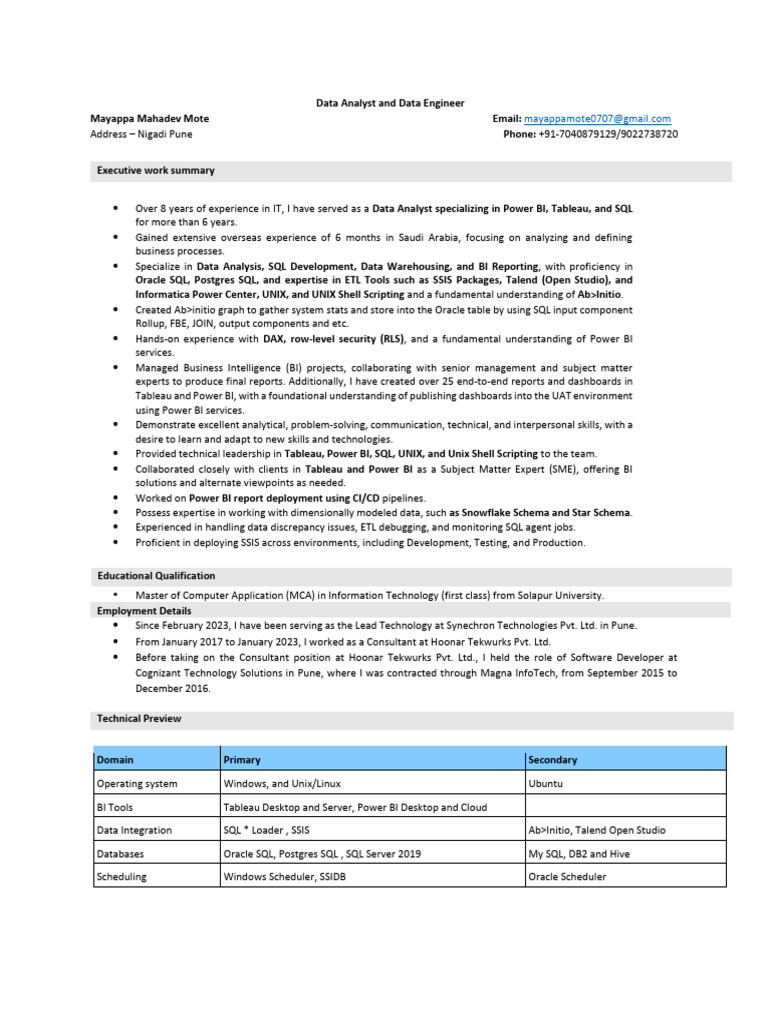 Mayappa Mote Updated Resume - BI Developer and Data Engineer | PDF | Databases | Microsoft Sql ...