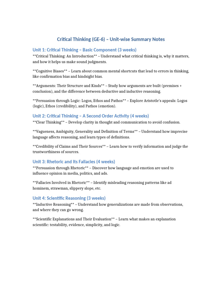 Critical Thinking Units Summary | PDF