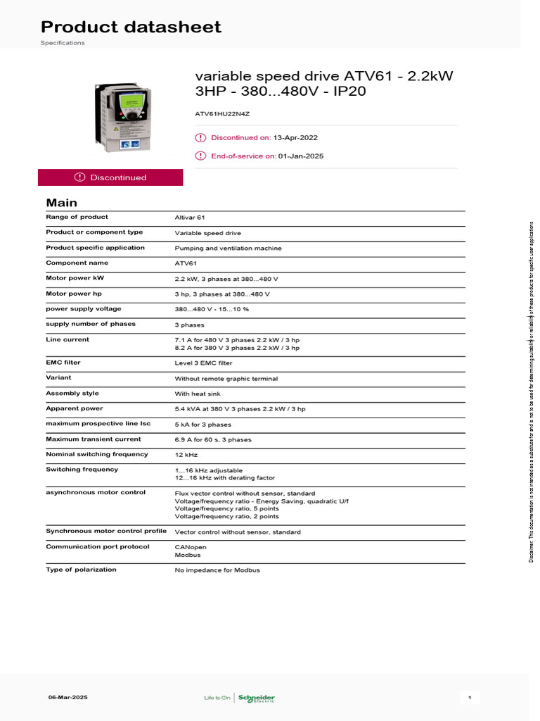 VFD 2.2KW Schneider Electric - Altivar-61 - ATV61HU22N4Z | PDF | Power ...