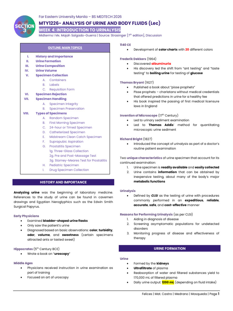 -AUBF LEC- Week 4 - Introduction to Urinalysis | PDF | Urine | Urea