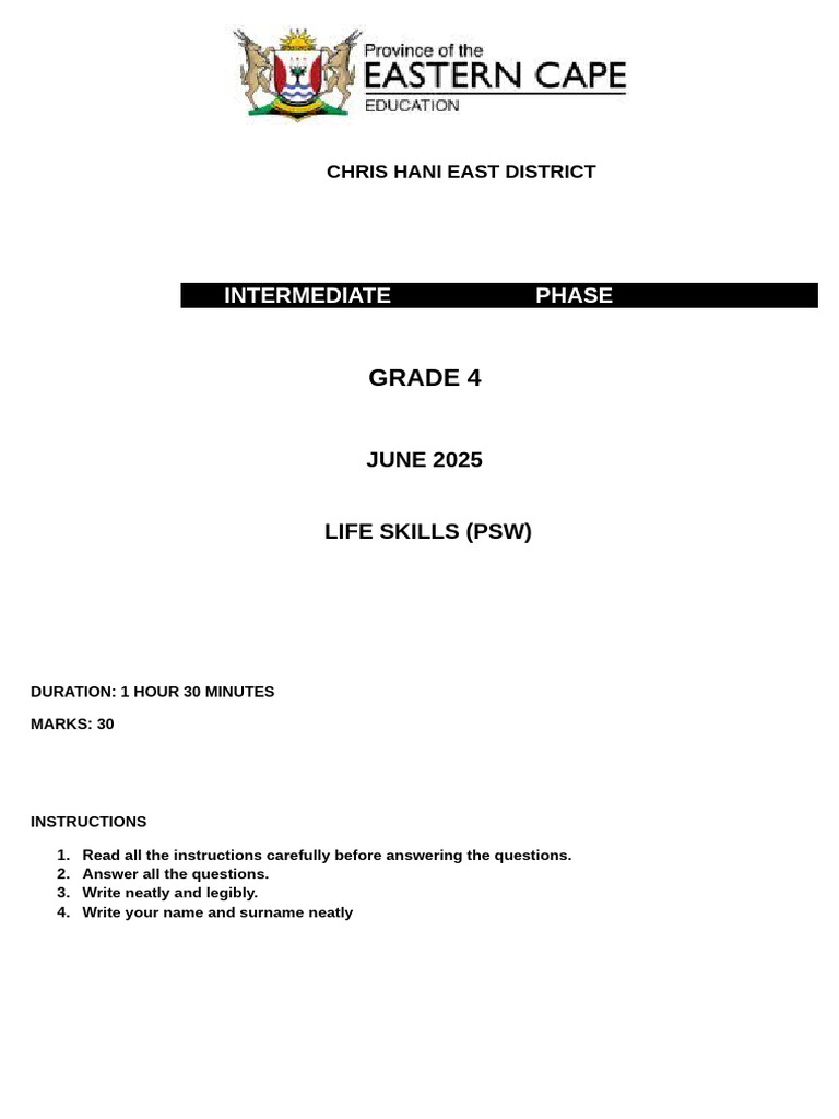 Grade 4 Life Skills Question Paper June 2025 | PDF