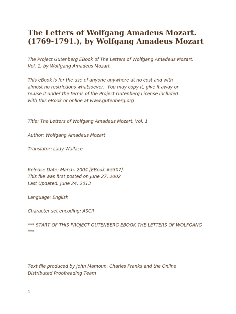 Mozart Letters | PDF | Wolfgang Amadeus Mozart | Project Gutenberg