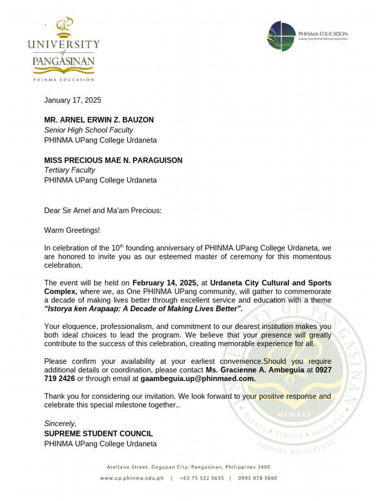 Invitation to PHINMA UPang 10th Anniversary | PDF