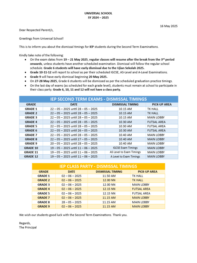 IEP Exam Dismissal Timings - Term 2 - May June 2025 | PDF | Schools ...