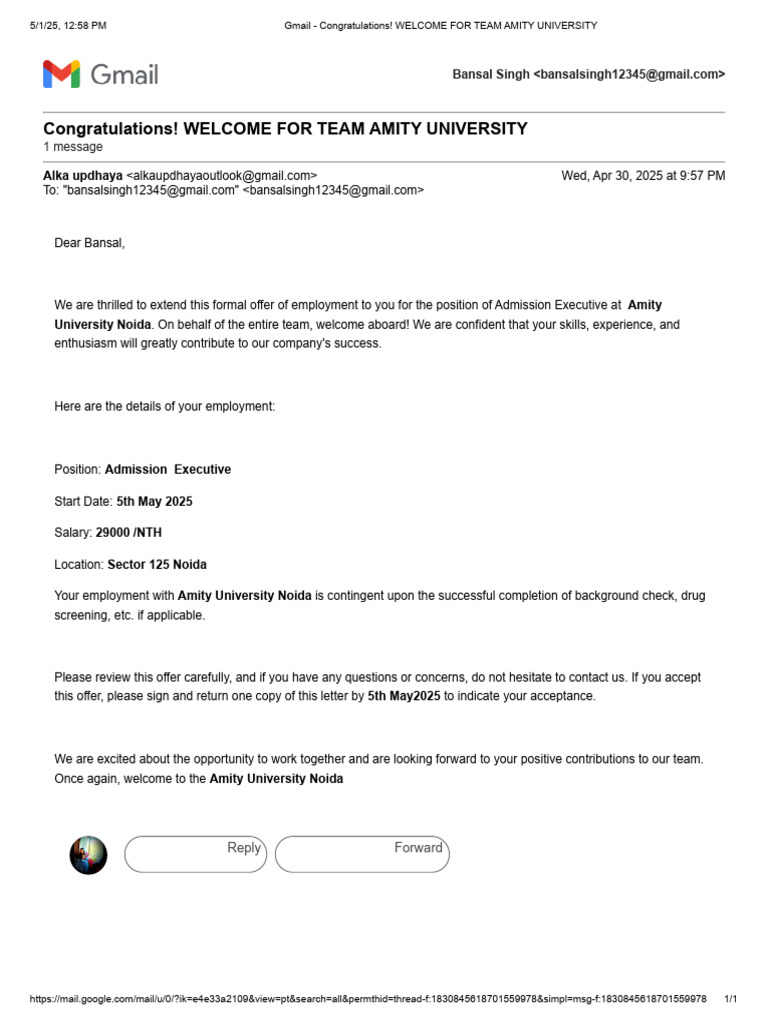 Gmail - Congratulations! Welcome For Team Amity University | PDF
