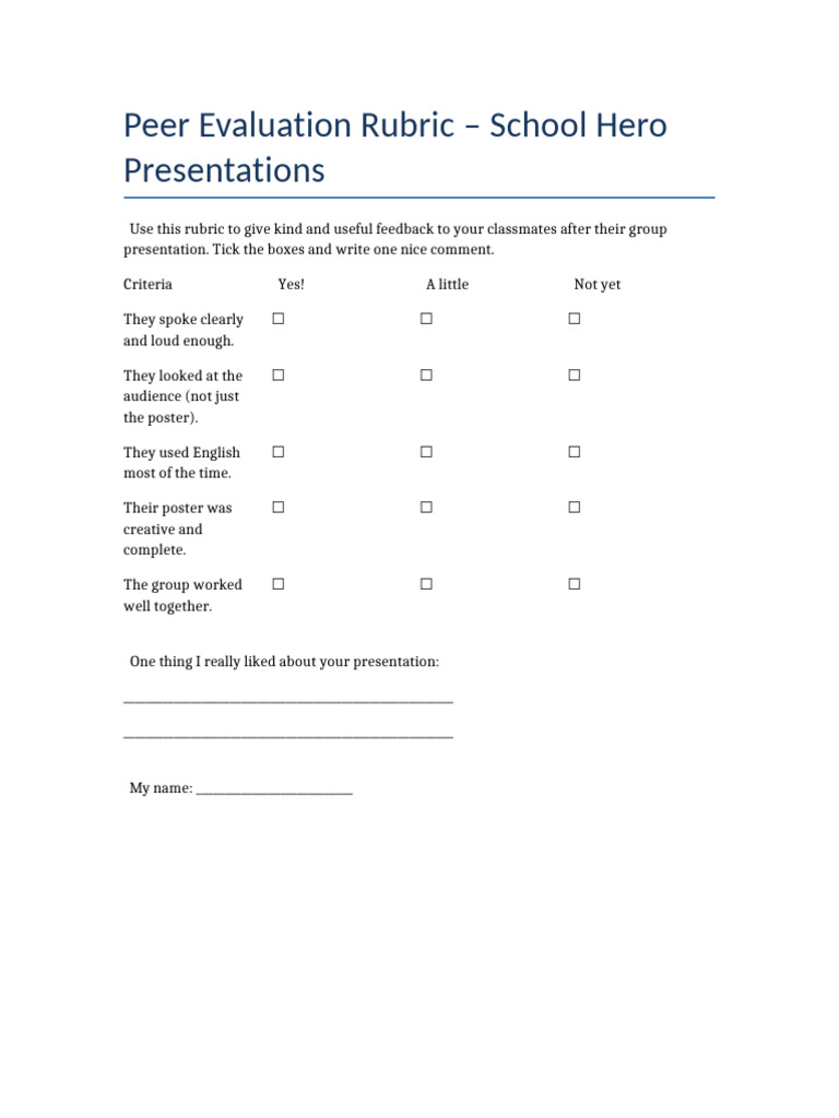 Peer Evaluation Rubric School Hero | PDF