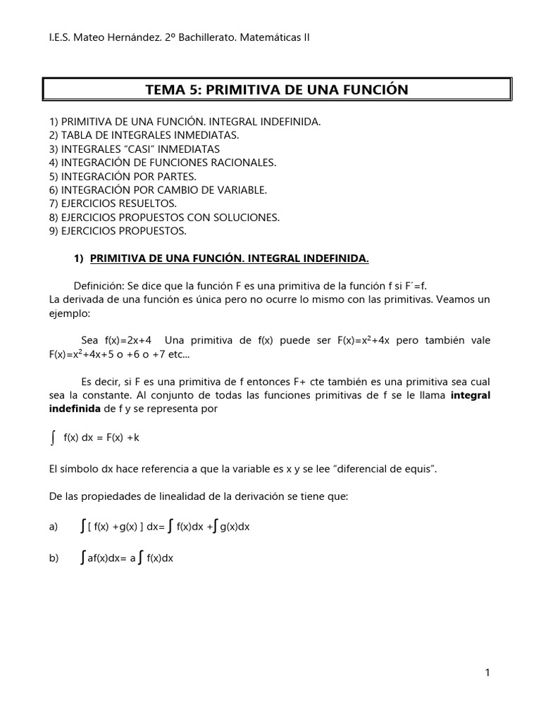 Tema 5 Primitiva de Una Función | PDF | Integral | Fórmula