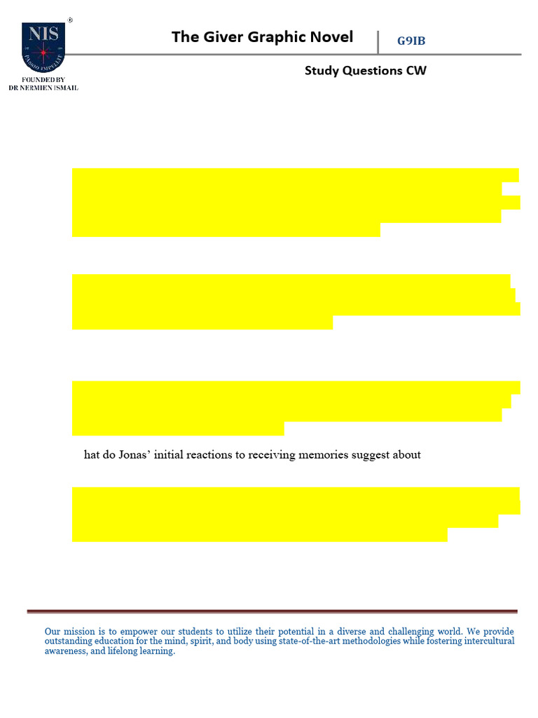 The Giver Graphic Novel: Study Questions CW | PDF | The Giver ...