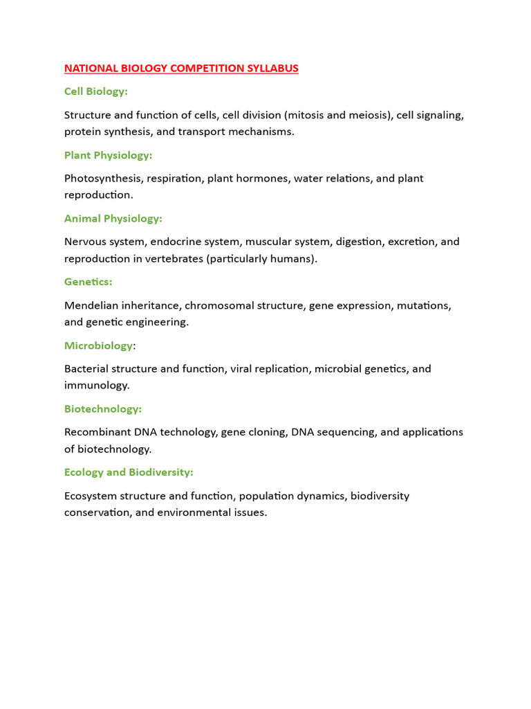 National Biology Competition Syllabus | PDF