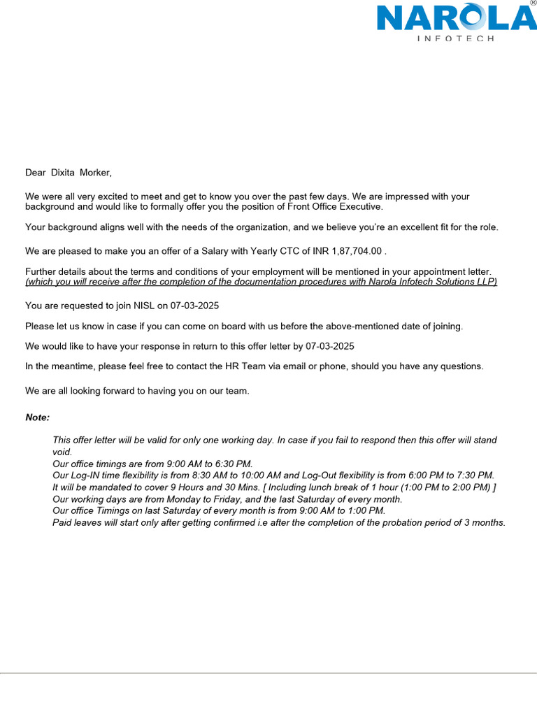 Offer Letter - Narola Infotech Solutions LLP | PDF