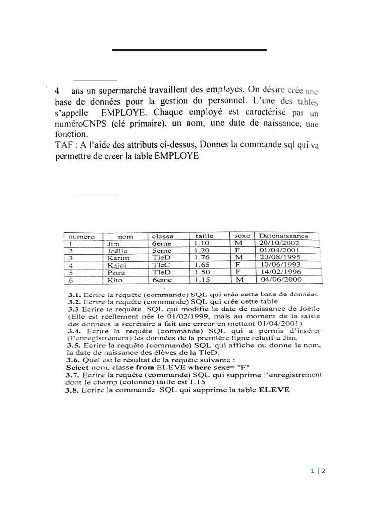 Fiche de TD Sur Es Bases de Donnees | PDF