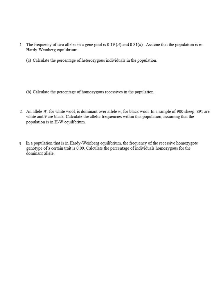 Hardy Weinberg Problem Set | PDF | Dominance (Genetics) | Allele