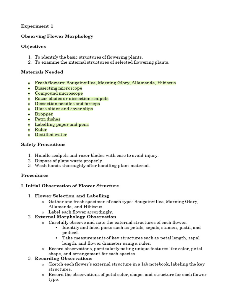 Experiment 1 Observing Flower Morphology 2024 | PDF | Flowers | Plants