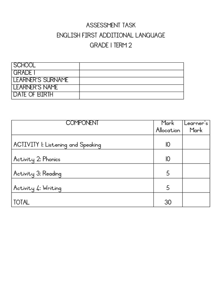 Assessment Task EFAL Term 2 Grade 1 | PDF