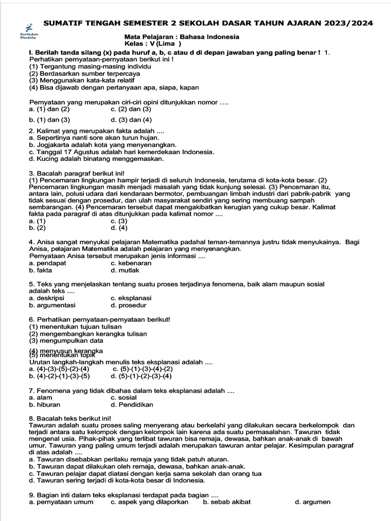 PDF Soal Pts Sts Bahasa Indonesia Kelas 5 Semester 2 Kurikulum Merdeka Ta 2023 2024 Compress | PDF