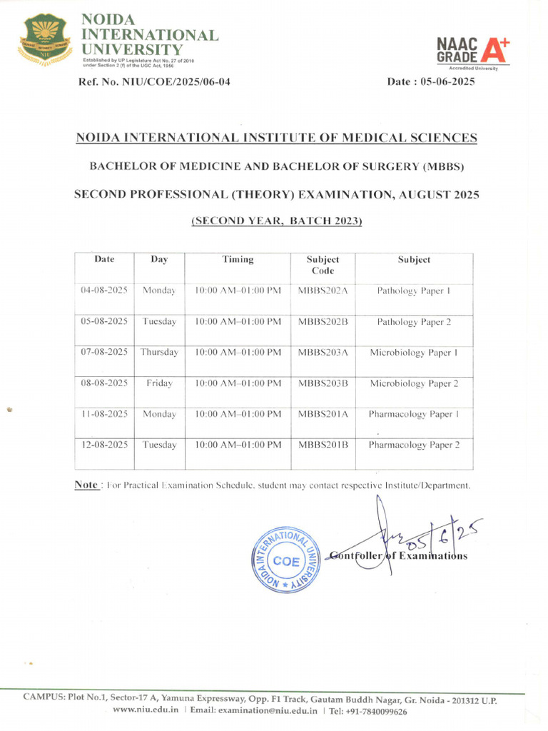 Examination Schedule For Second Professional Examination August 2025 ...