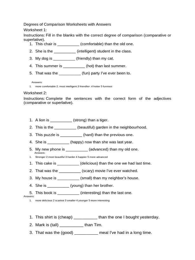 Degrees of Comparison Worksheets With Answers | PDF
