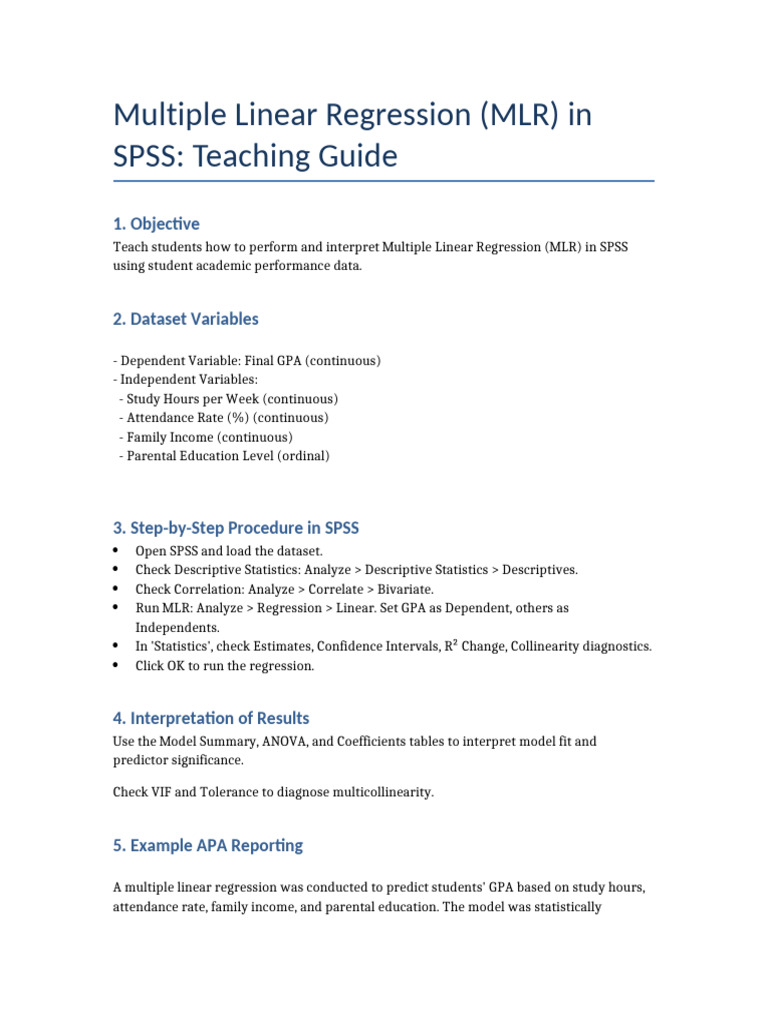 MLR SPSS Teaching Guide | PDF