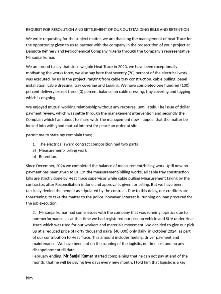 Request For Resolution and Settlement of Out Standing Bills and Retention | PDF