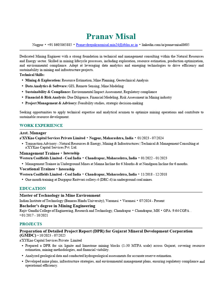 24.03.2025 Pranav Resume | PDF | Ore | Mining