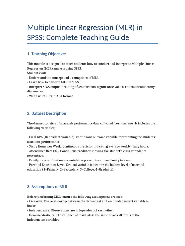 Complete MLR SPSS Teaching Guide | PDF | Dependent And Independent Variables | Multicollinearity