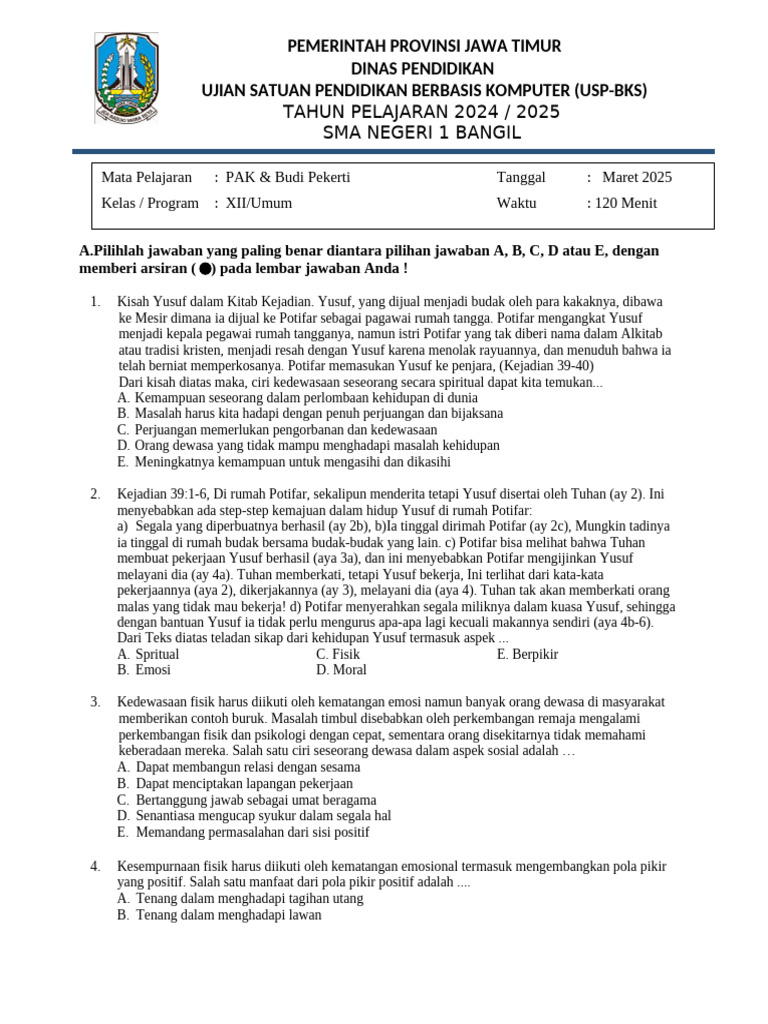 Soal Usp-Bks - Pend - Agama Kristen - 2025 | PDF