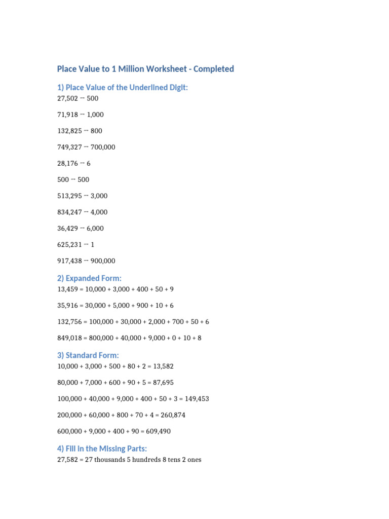 Place Value Worksheet: 1 Million | PDF