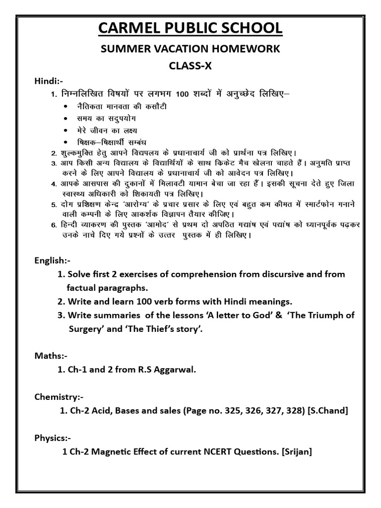 Class-X Summer Holiday Homework | PDF