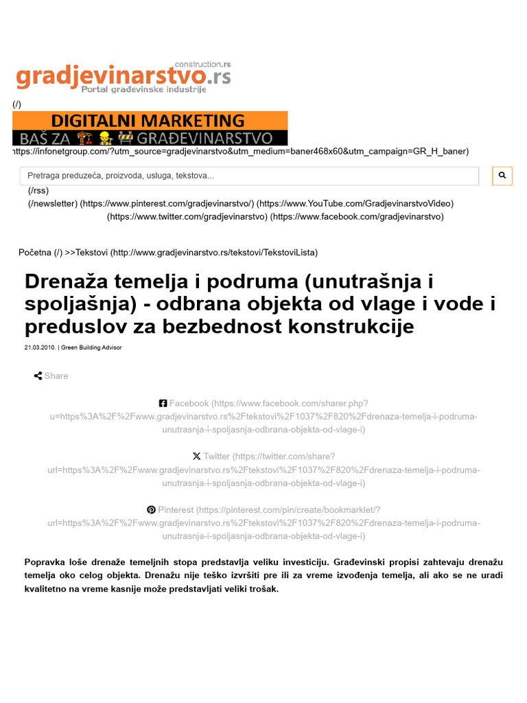 Drenaža Temelja I Podruma (Unutrašnja I Spoljašnja) - Odbrana Objekta ...