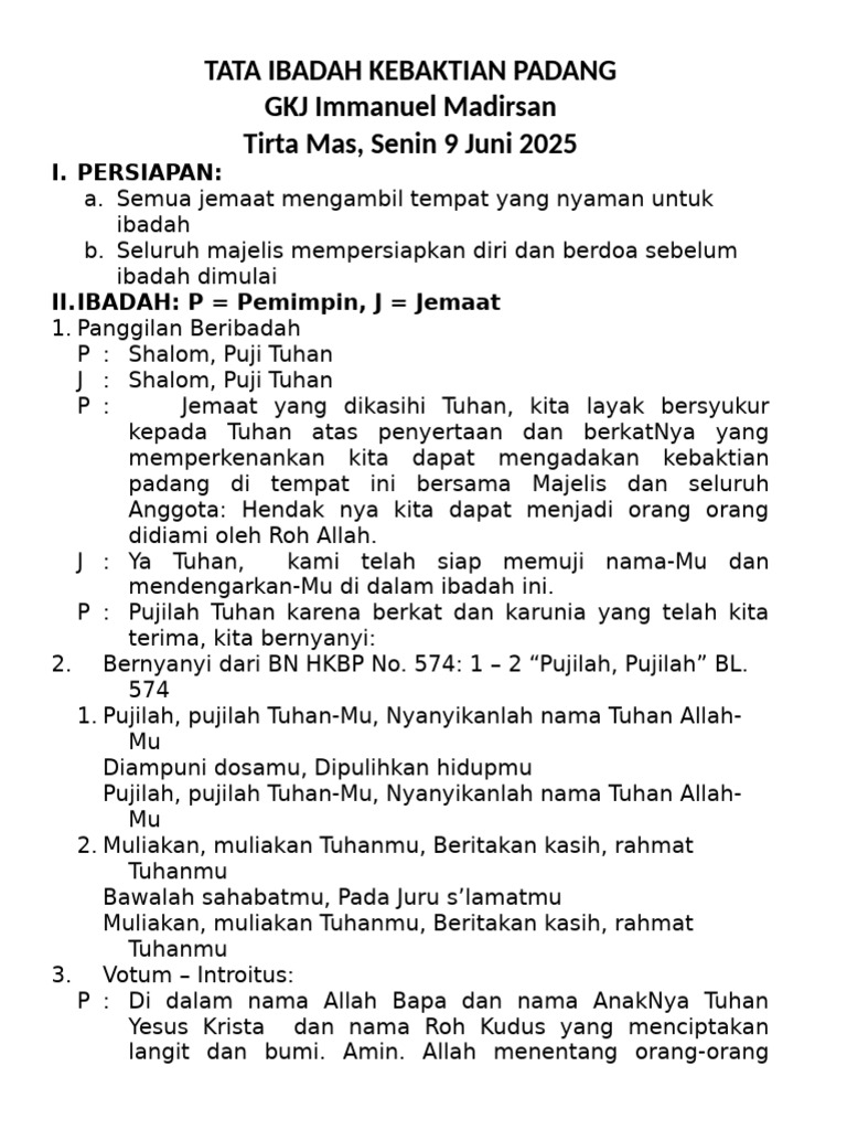 Tata Ibadah Kebaktian Padang 2025 | PDF