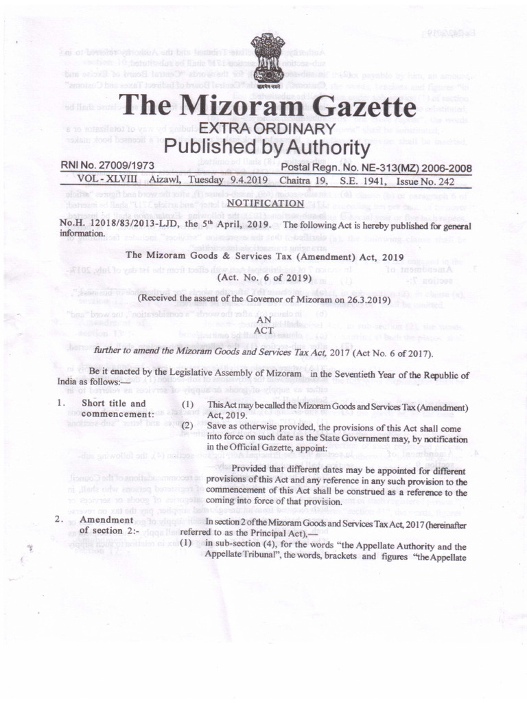 001 - Mizoram GST (Amendment) Act 2019 | PDF