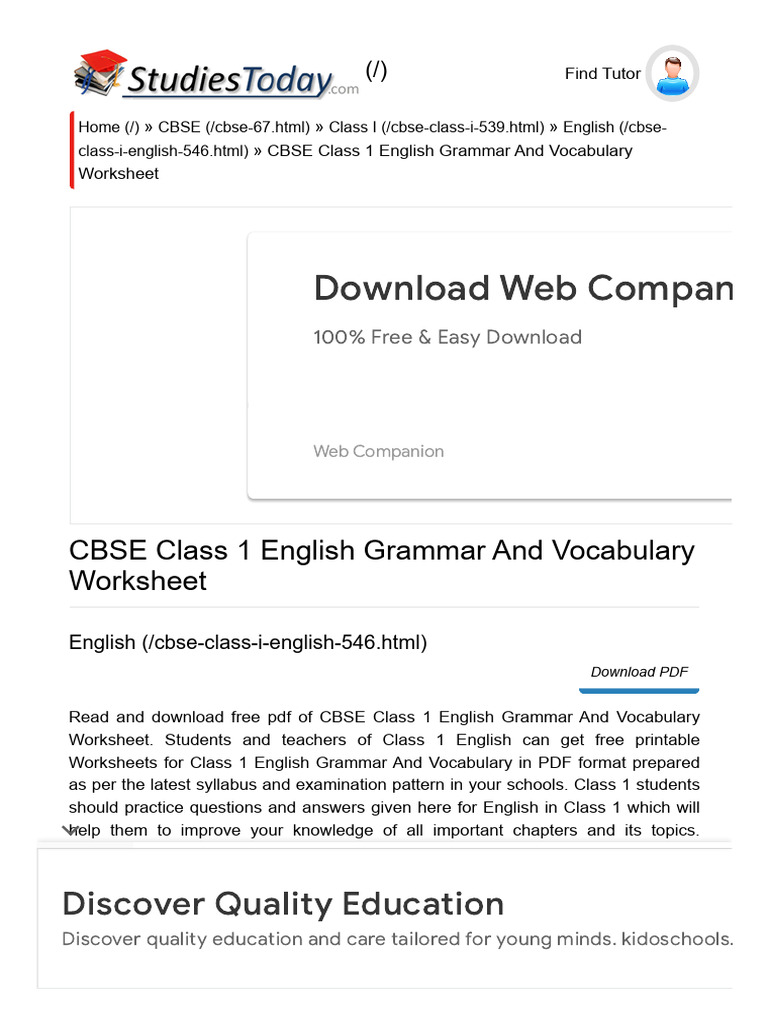 CBSE Class 1 English Grammar and Vocabulary Worksheet | PDF | Multiple ...