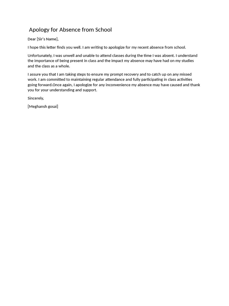 00000088-Apology Letter For Absence in Class | PDF