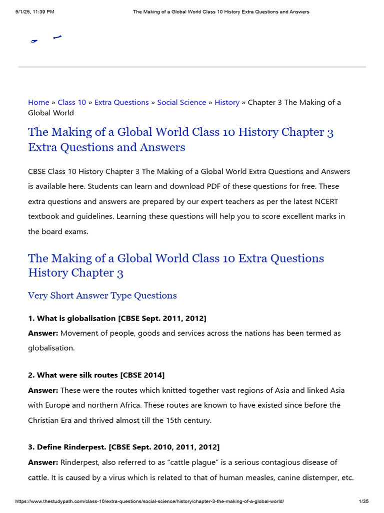 The Making of A Global World Class 10 History Extra Questions and ...
