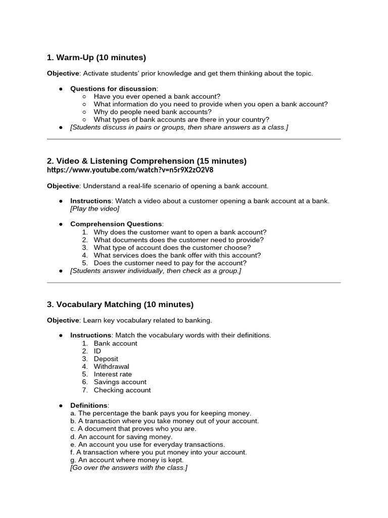 Opening a Bank Account Lesson Plan | PDF | Banks | Vocabulary