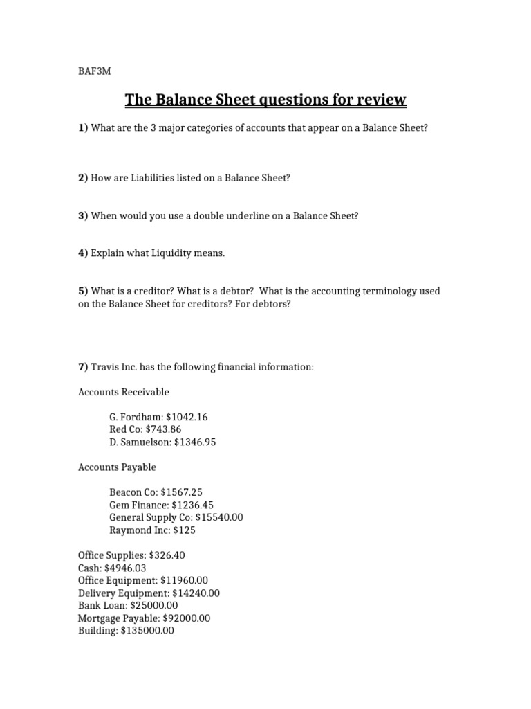 Balance Sheet Review Questions and Template | PDF