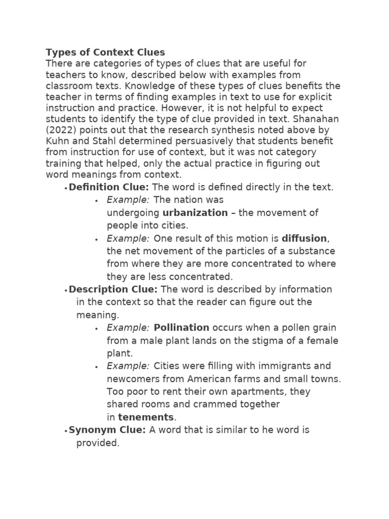 EL 100 Types of Context Clues | PDF