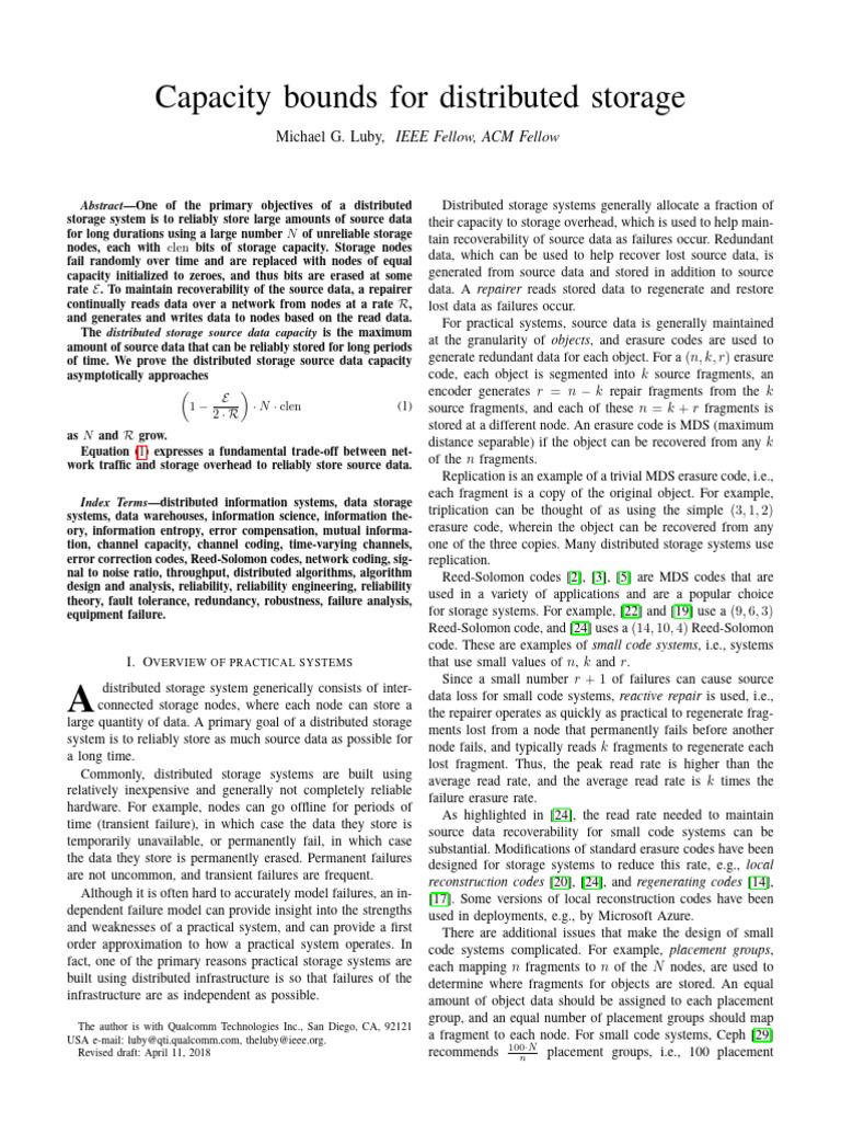 Capacity Bounds For Distributed Storage: Michael G. Luby | PDF | Computer Data Storage | Information