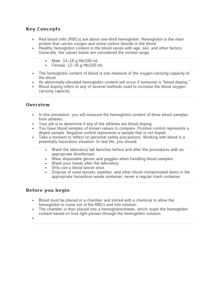 blood hemoglobin LAB SIMULATION | PDF | Blood | Hemoglobin