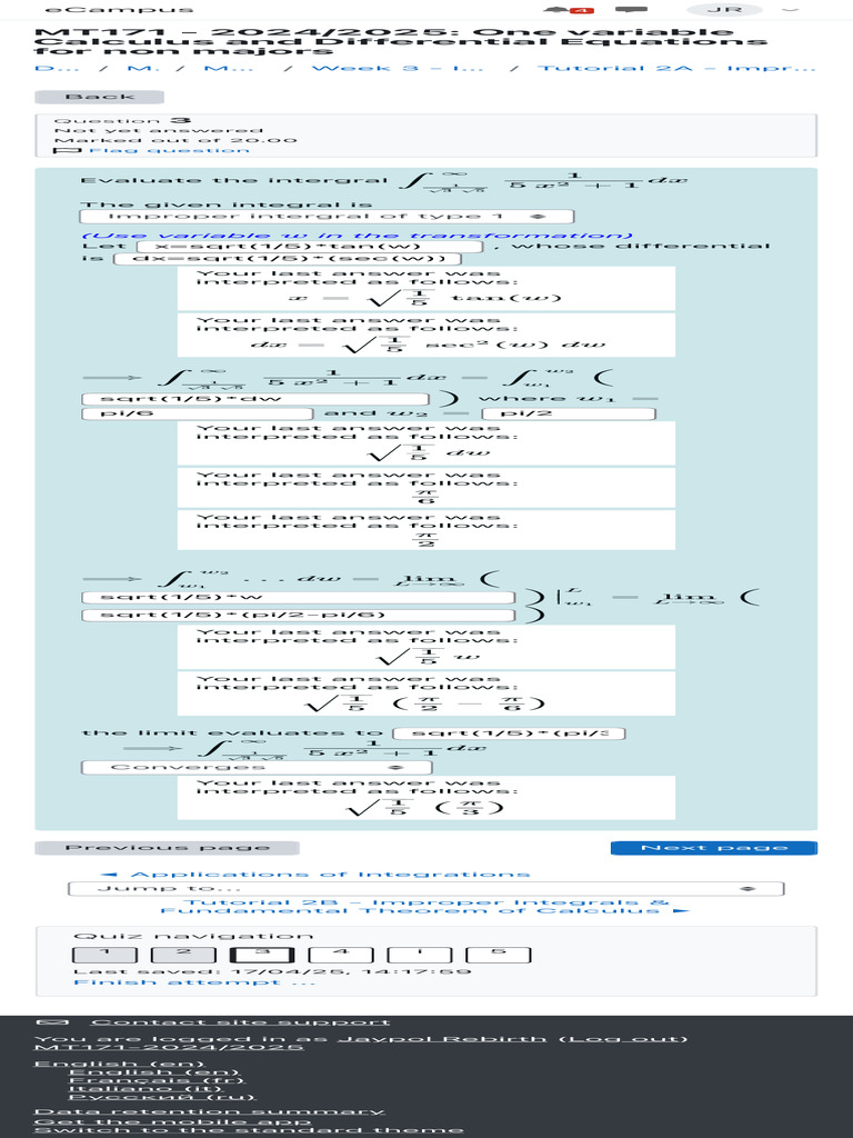 Tutorial 2A - Improper Integrals & Fundamental Theorem of Calculus (Page 3 of 6) ECampus | PDF ...