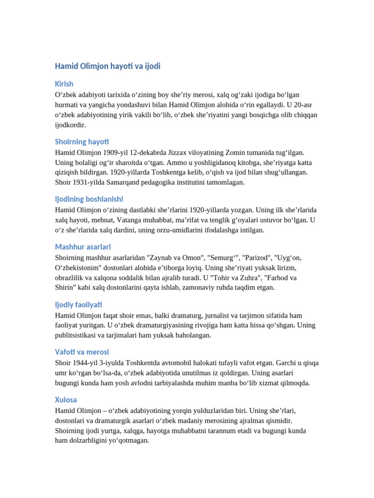 Hamid Olimjon Maruza | PDF
