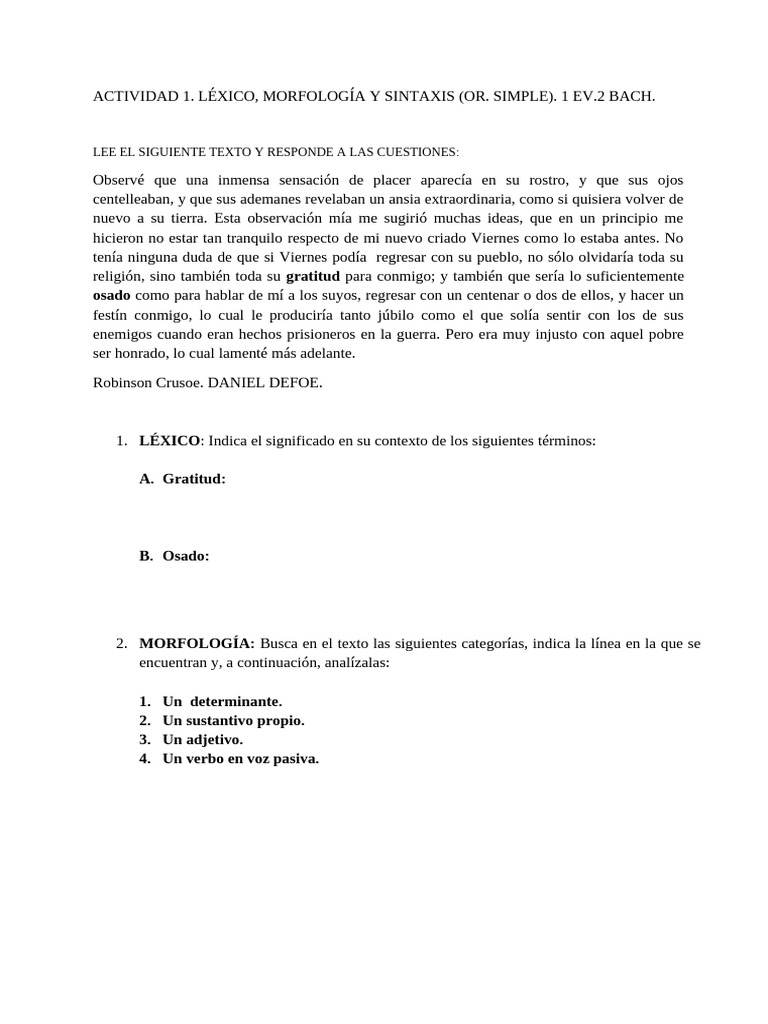 Actividad 1. Lã Xico, Morfologã A y Sintaxis (Or. Simple) - 1 Ev.2 Bach | PDF