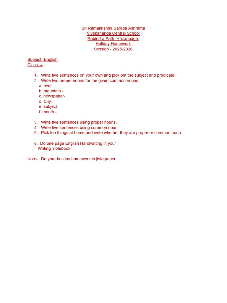English Holiday Homework (Class - 4) | PDF