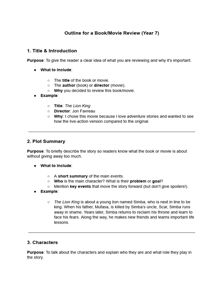 Outline For A Book - Movie Review (Year 7) | PDF