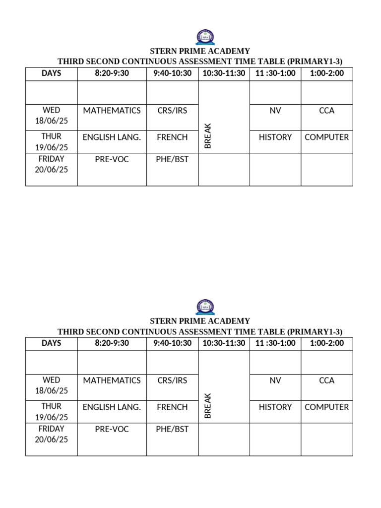 Third Term Second Cat Time Table | PDF | Reading (Process)